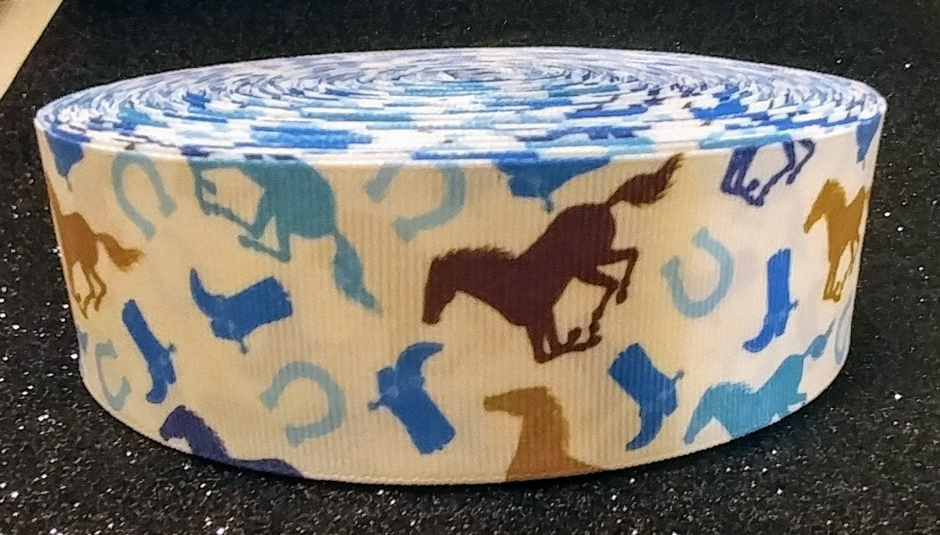 1.5" Blue Brown Tan Cowboy Horses Grosgrain Ribbon. Western, Cowboy Bo ...