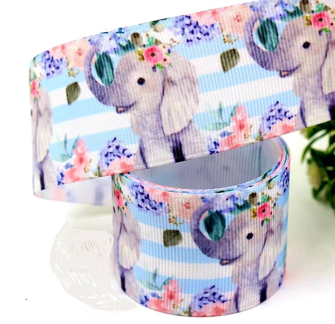 1.5" Baby Elephant Ribbon. Baby Elephant with Beautiful Flowers and Bl ...