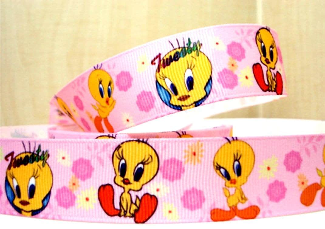 1'' Tweety Bird Grosgrain ribbon. Pink Tweety Bird with Flowers Cartoo ...