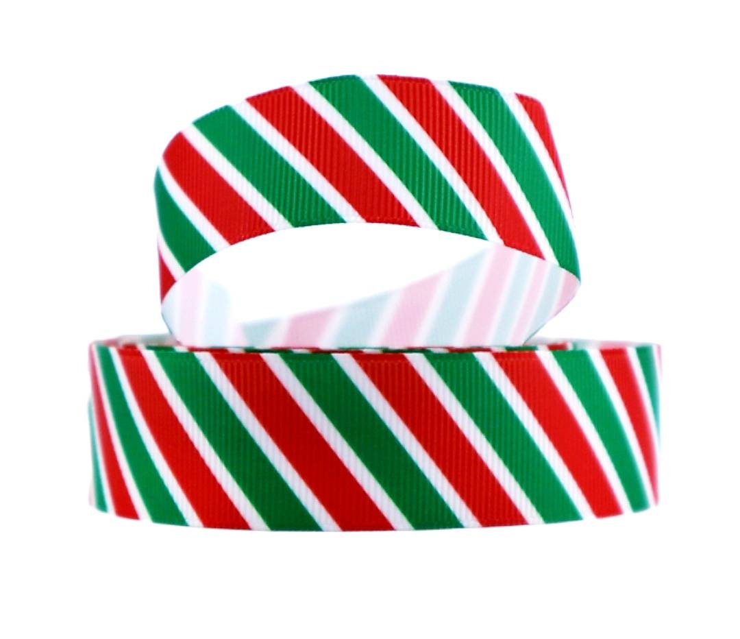 1" Christmas Red and Green Striped Festive Ribbon. Holiday Ribbon. Wre ...
